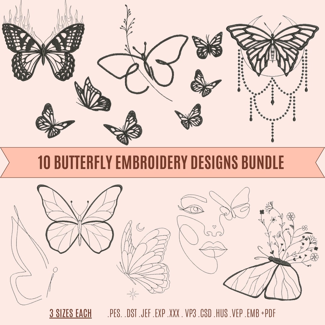 Bundle 10 Embroidery Designs Butterfly. Butterfly Embroidery Pattern ...