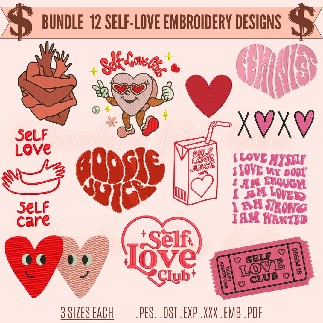 Bundle 12 Embroidery Designs. Self Love and Heart Embroidery Designs ...