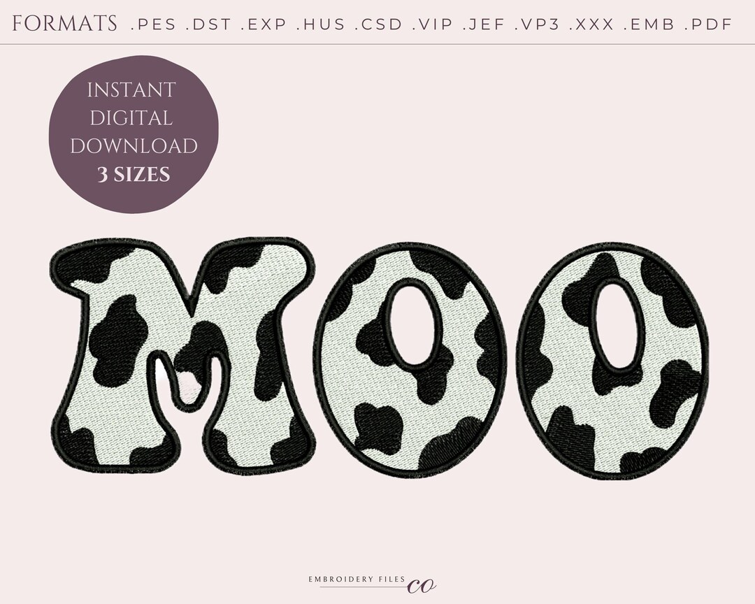 Cow Embroidery Designs: Trendy Moo Cow (4x4, 5x7 Hoop) (digital ...