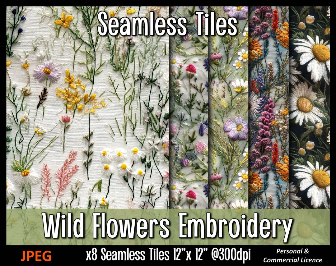 Wild Flower Embroidery Seamless Floral Pattern Digital Paper Decoupage ...
