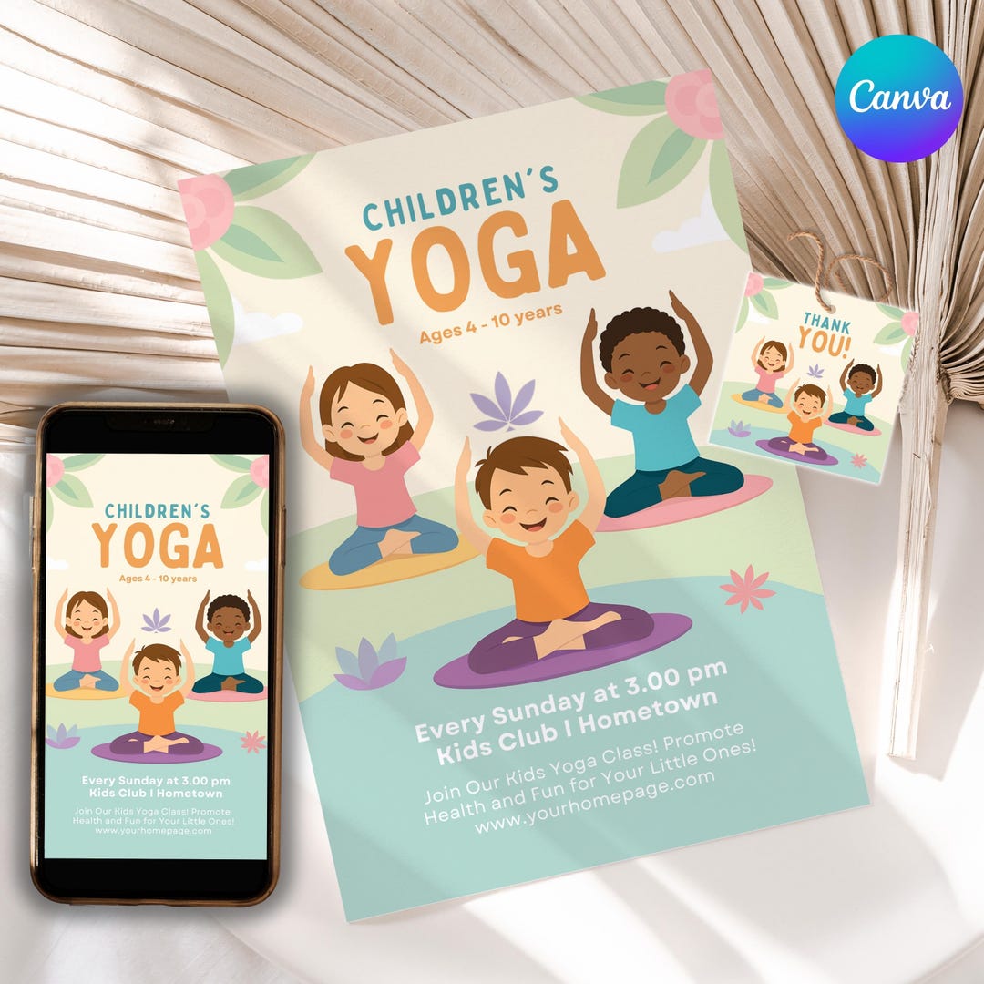 Kids Yoga Flyer Canva Template Editable Yoga Class Invitation ...