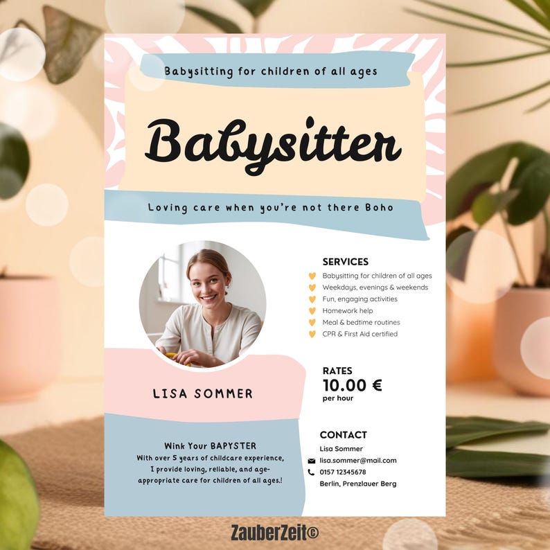 Editable Babysitter Flyer Canva Template Childcare Service Printable Nanny Flyer Cute ...