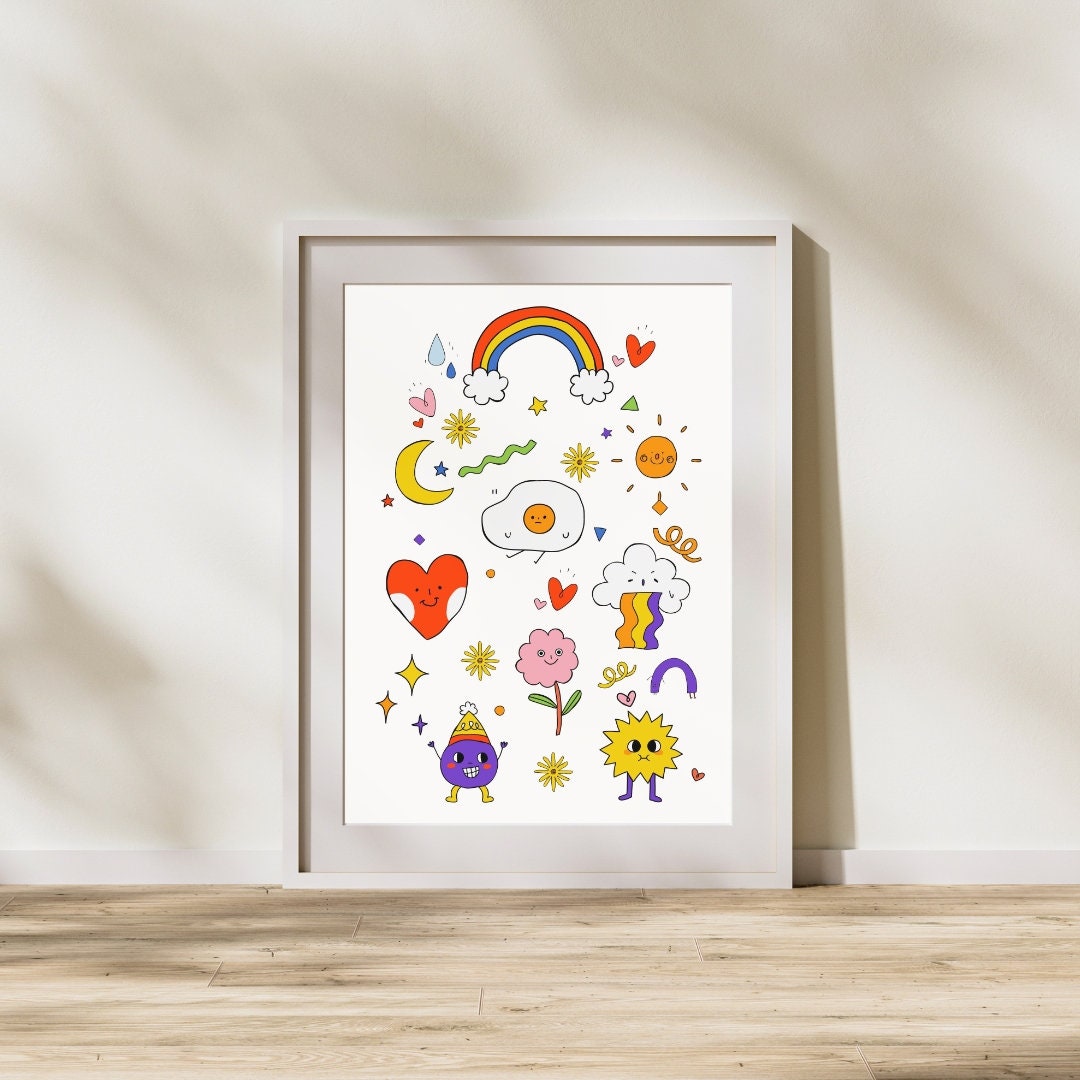 90s Poster Style Wall Picture 90s Funny Colorful Figures Living Room ...