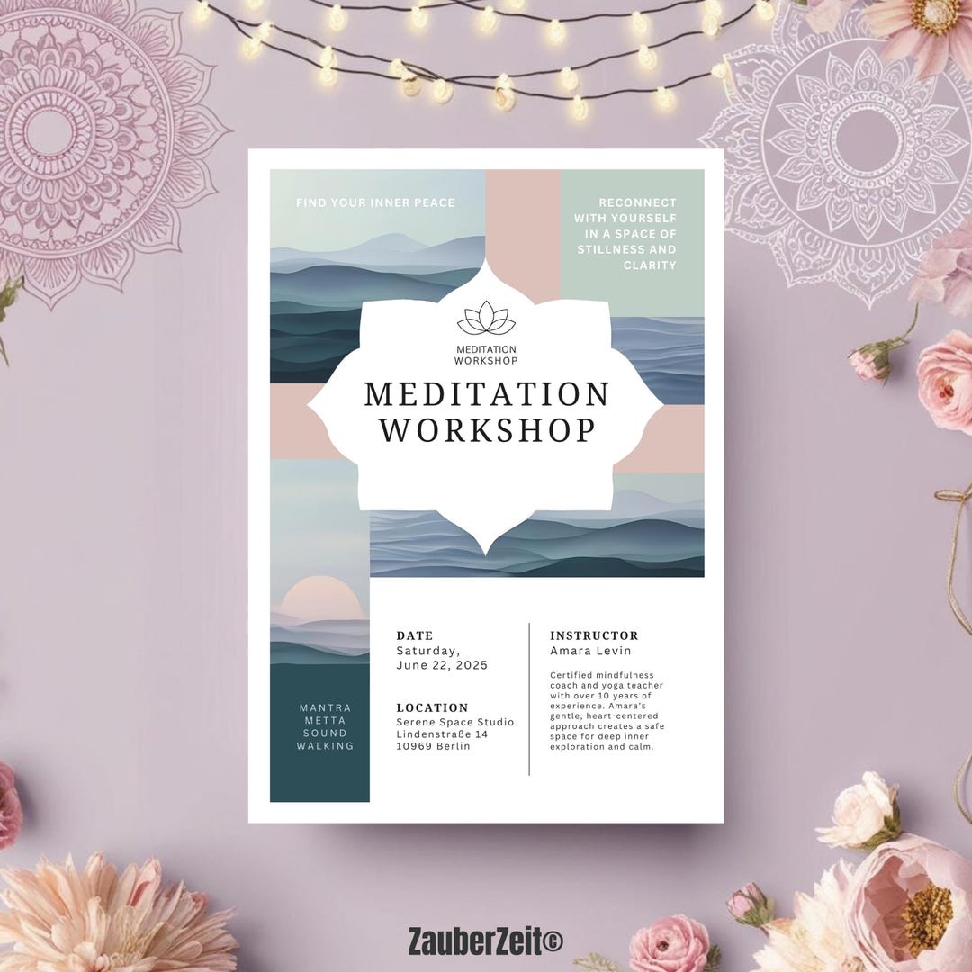 Editable Meditation Flyer Canva Template With Calm Wave Background ...