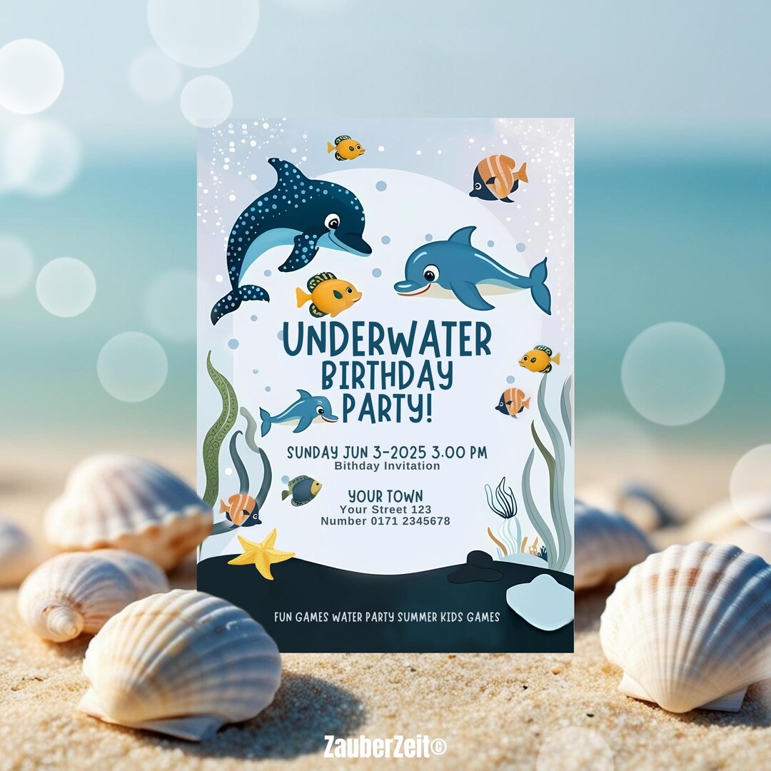Editable Underwater Birthday Party Flyer Canva Template With Starfish ...
