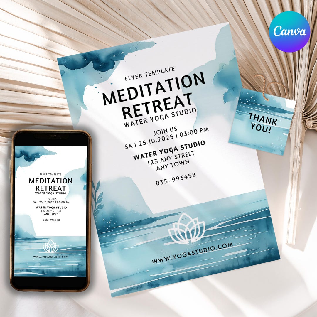 Editable Yoga Meditation Flyer Template Canva Pastel Watercolor Design ...