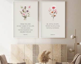 Christian Floral Set of 2 Prints, Bible Verse Wall Art, Botanical ...