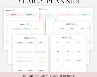 Editable Yearly Planner, Printable Yearly Overview on One Page, Year at ...