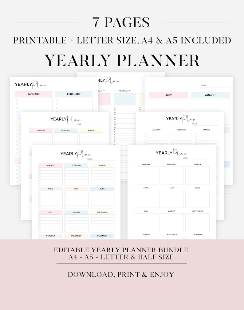 Editable Yearly Planner Printable, Annual Plan, Yearly Overview on One ...