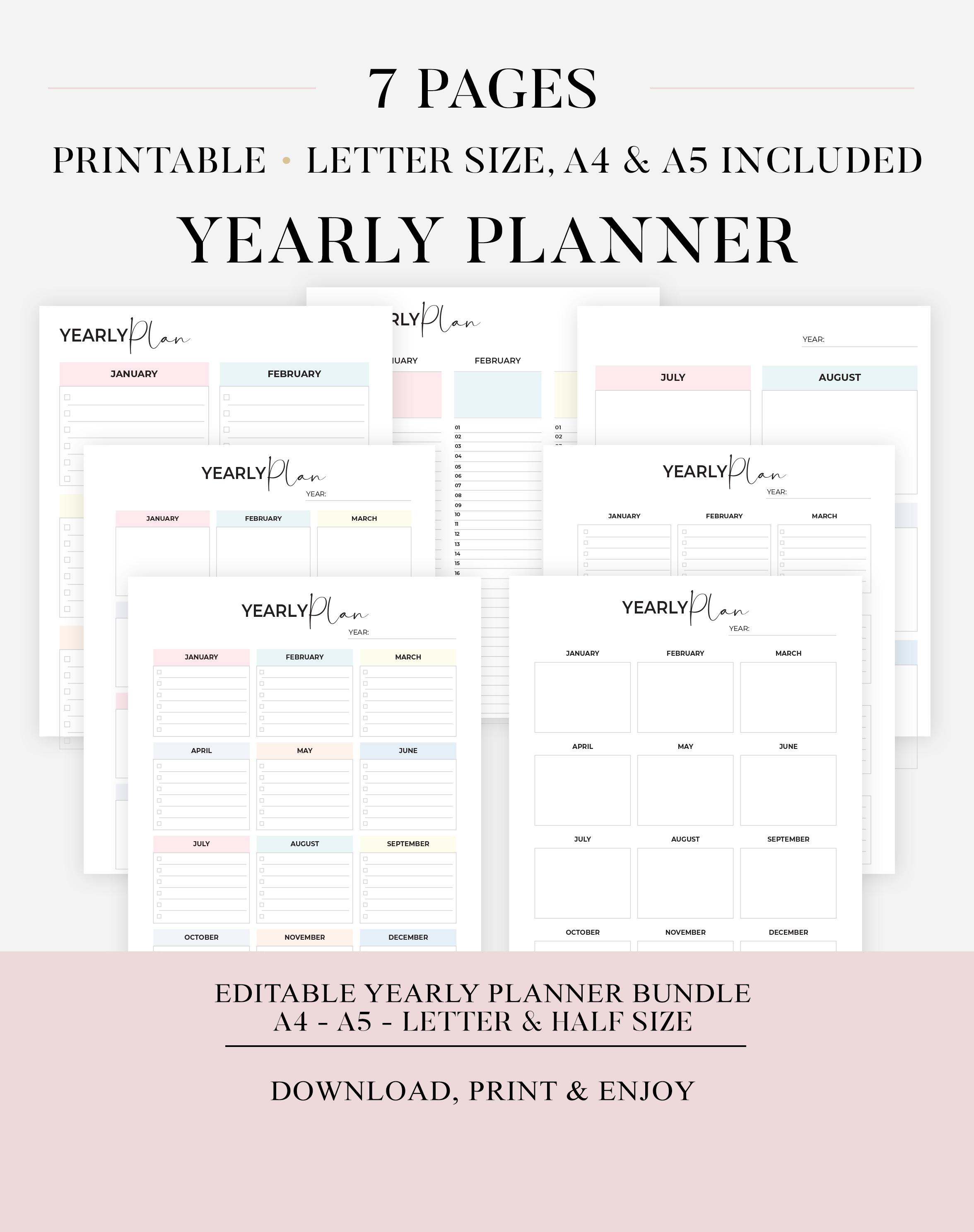 Editable Yearly Planner Printable, Annual Plan, Yearly Overview on One ...