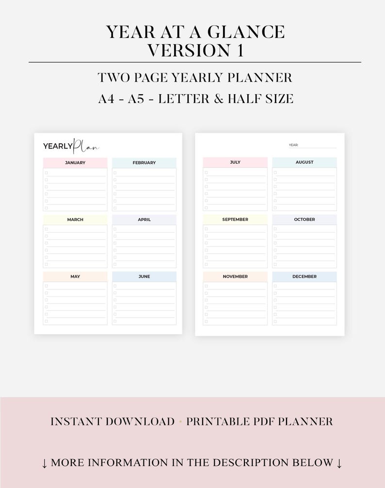 Editable Yearly Planner Printable, Annual Plan, Yearly Overview on One ...