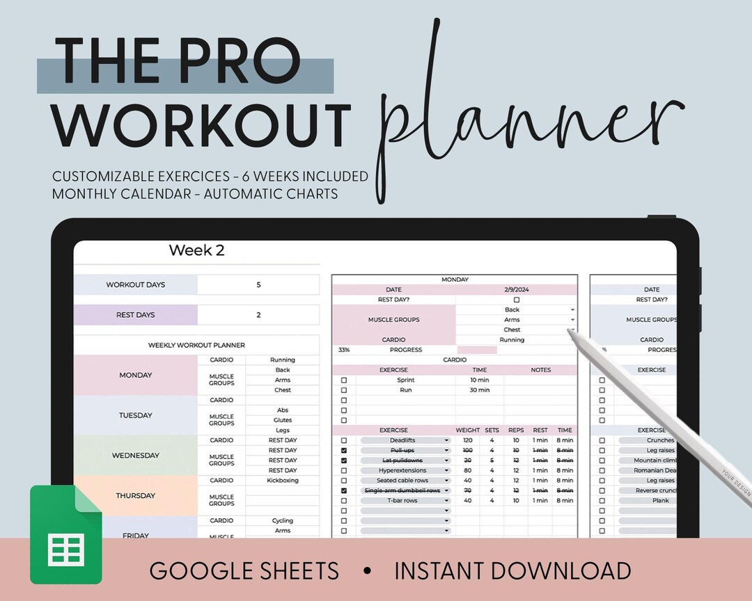 Ultimate Workout Planner Google Sheets Exercise Tracker Spreadsheet ...