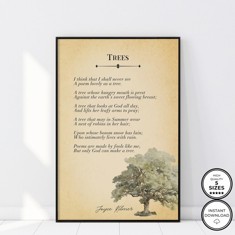 Trees Poem Wall Art Print Joyce Kilmer Poetry I Think That I Shall ...