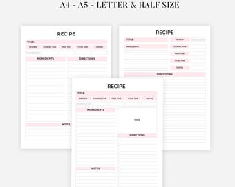 Recipe Book Template Printable, Blank Recipe Page, Cook Book Journal ...