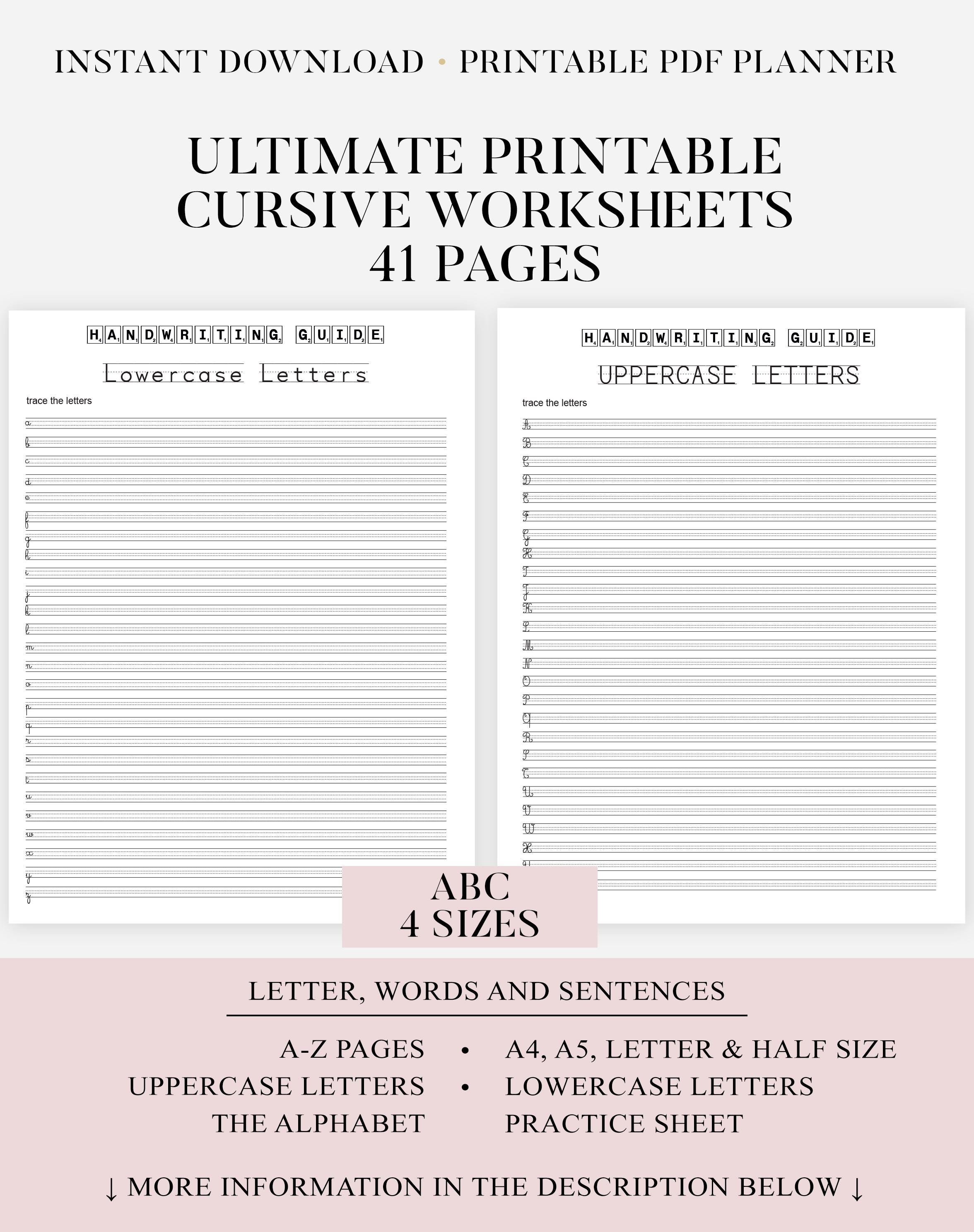 Printable Cursive Worksheets, Calligraphy 41 Pages Letters, Words, and ...