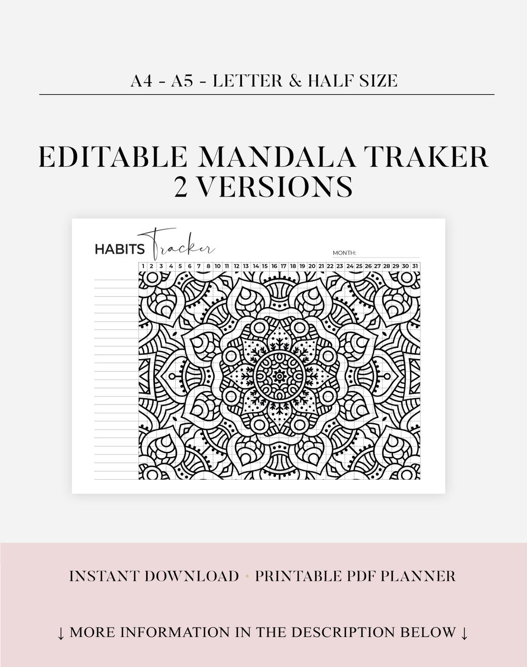 Habit Tracker Editable | Mandala Habit Tracker Printable | Monthly ...
