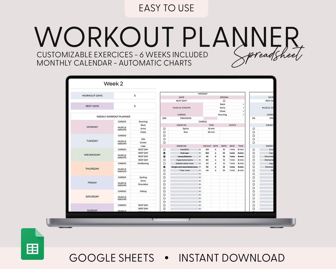 Workout Planner Google Sheets Exercise Tracker Spreadsheet Fitness ...