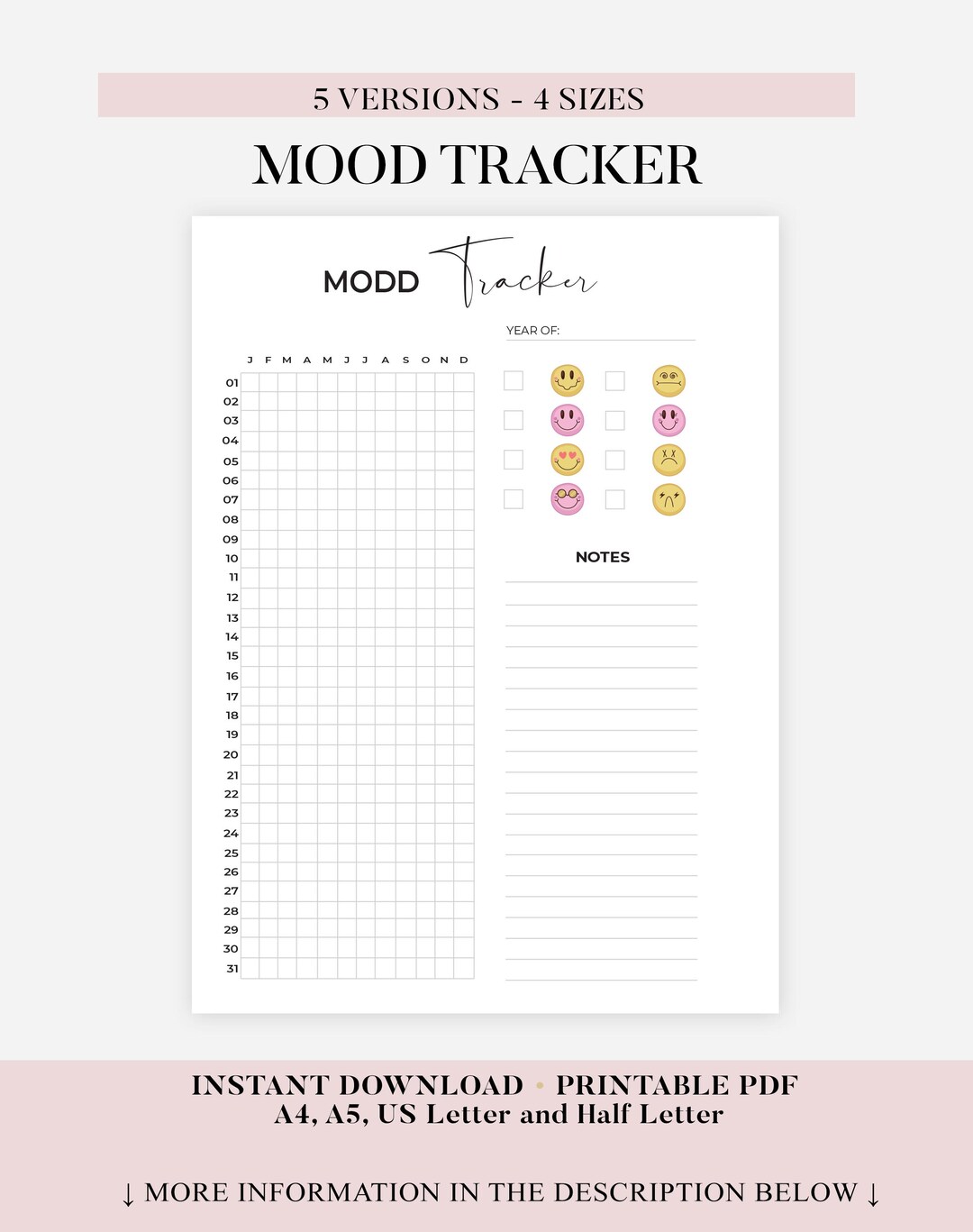 Mood Tracker Printable, Mood Journal, A Year in Pixels, Emotion Tracker ...