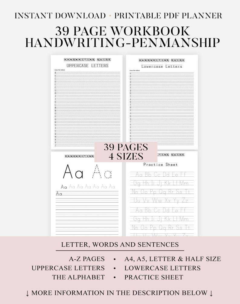 Printable Handwriting Worksheet, Calligraphy 39 Pages Letters, Words ...