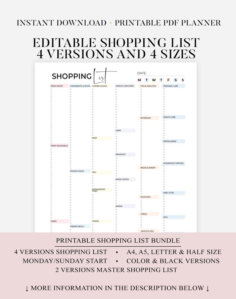 Editable Grocery List Template | Colorful Printable Shopping Checklist ...