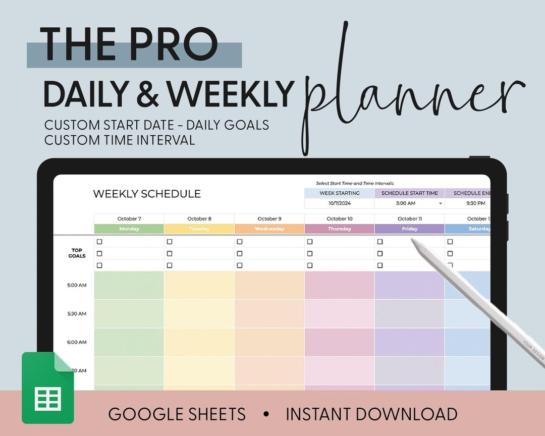 Weekly Planner Spreadsheet for Google Sheets | Weekly Calendar | Daily ...