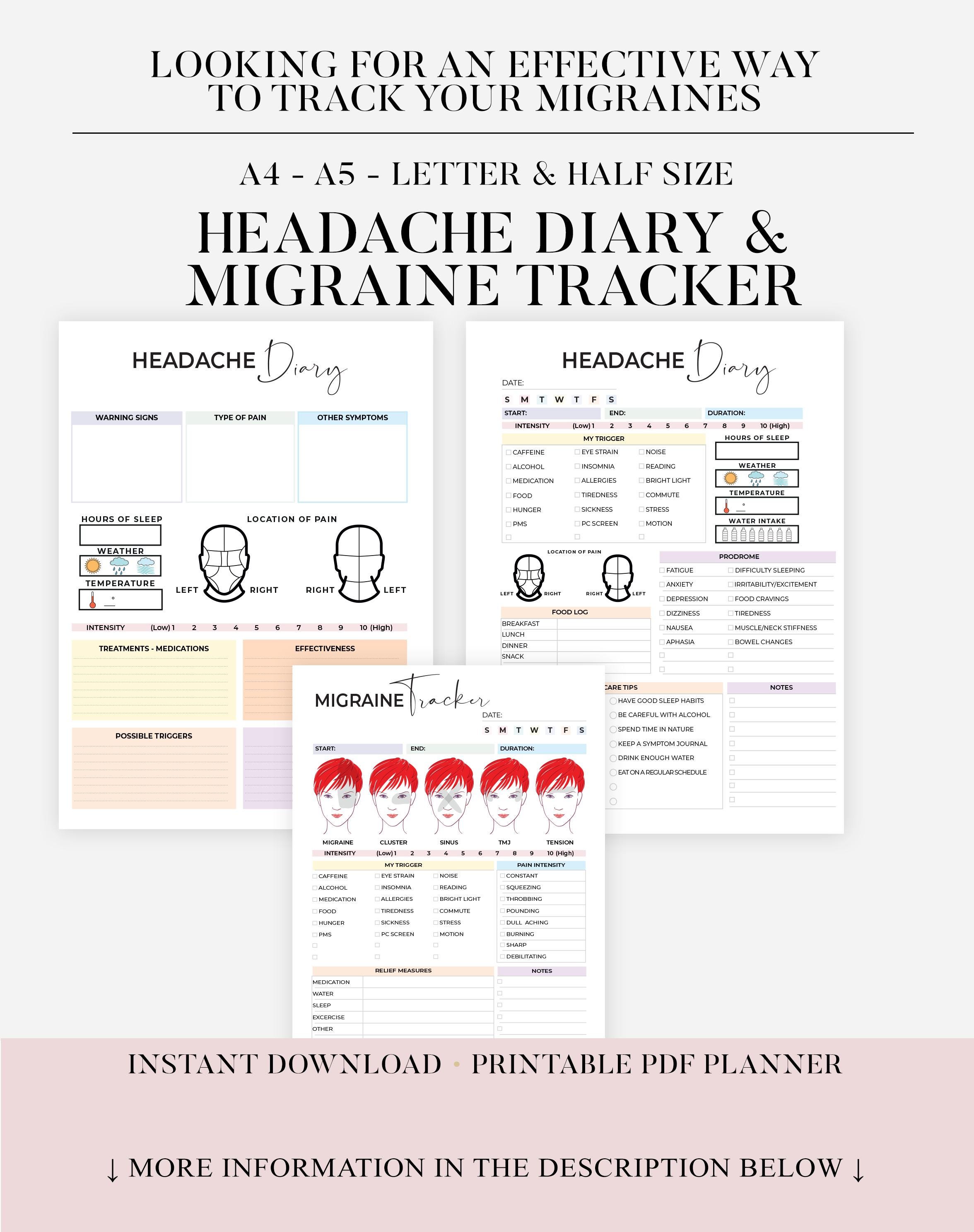 Migraine Tracker Printable Migraine Journal Pain Tracker Headache Log ...