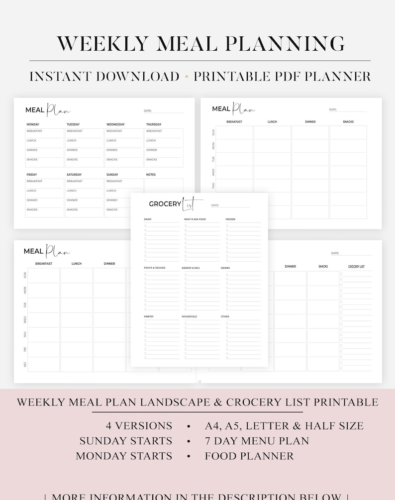 Weekly Meal Planner Landscape and Grocery List Printable, Food Diary ...