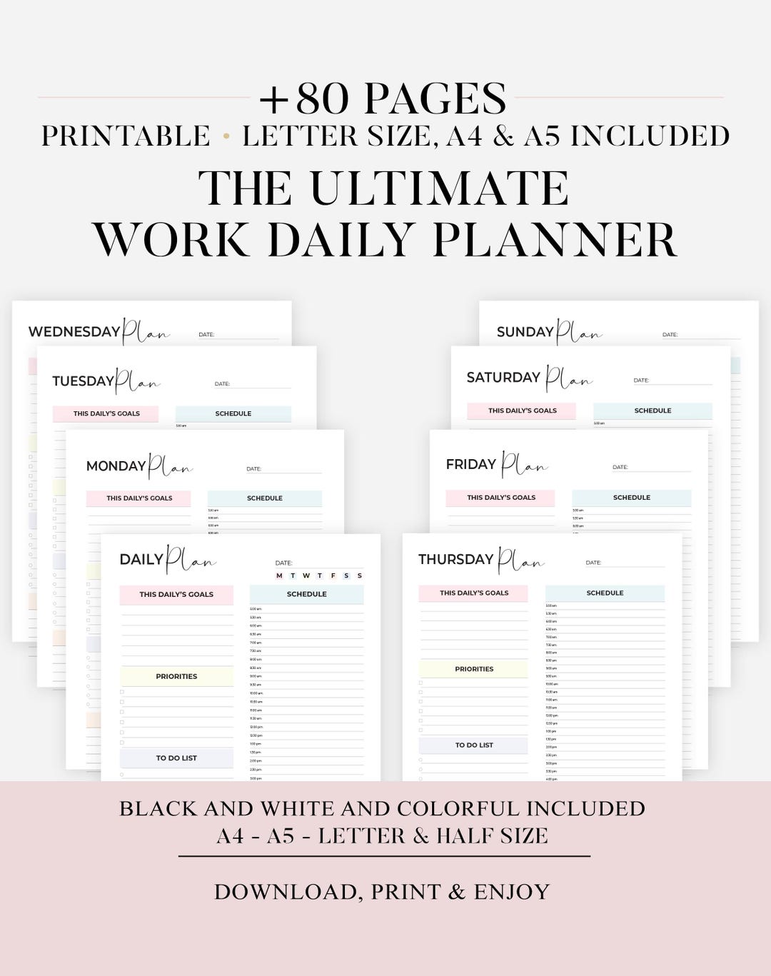 Printable Work Daily Planner Pdf, Planner Pages, Personal Daily Planner ...