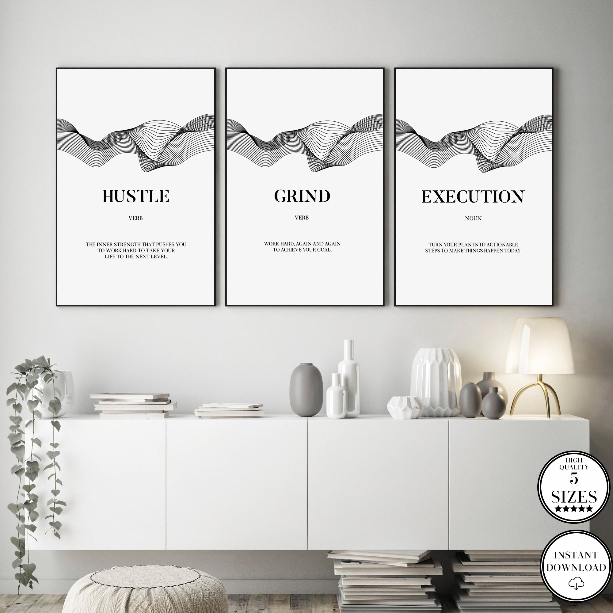 3 Piece Motivational Wall Art Prints, Office Decor Hustle Grind ...
