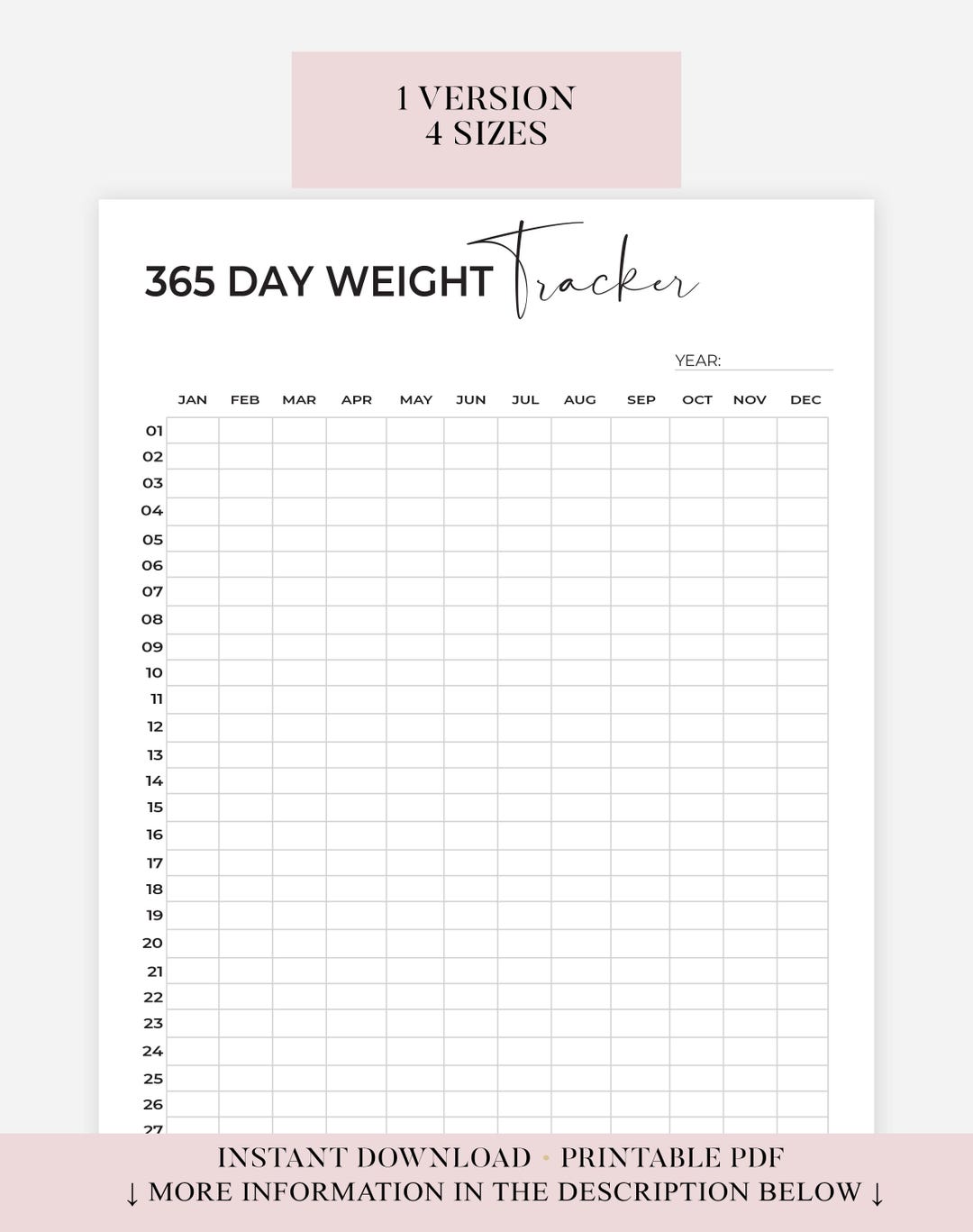 365 Day Weight Tracker Printable, Fitness, Daily Weight Journal, Weight ...