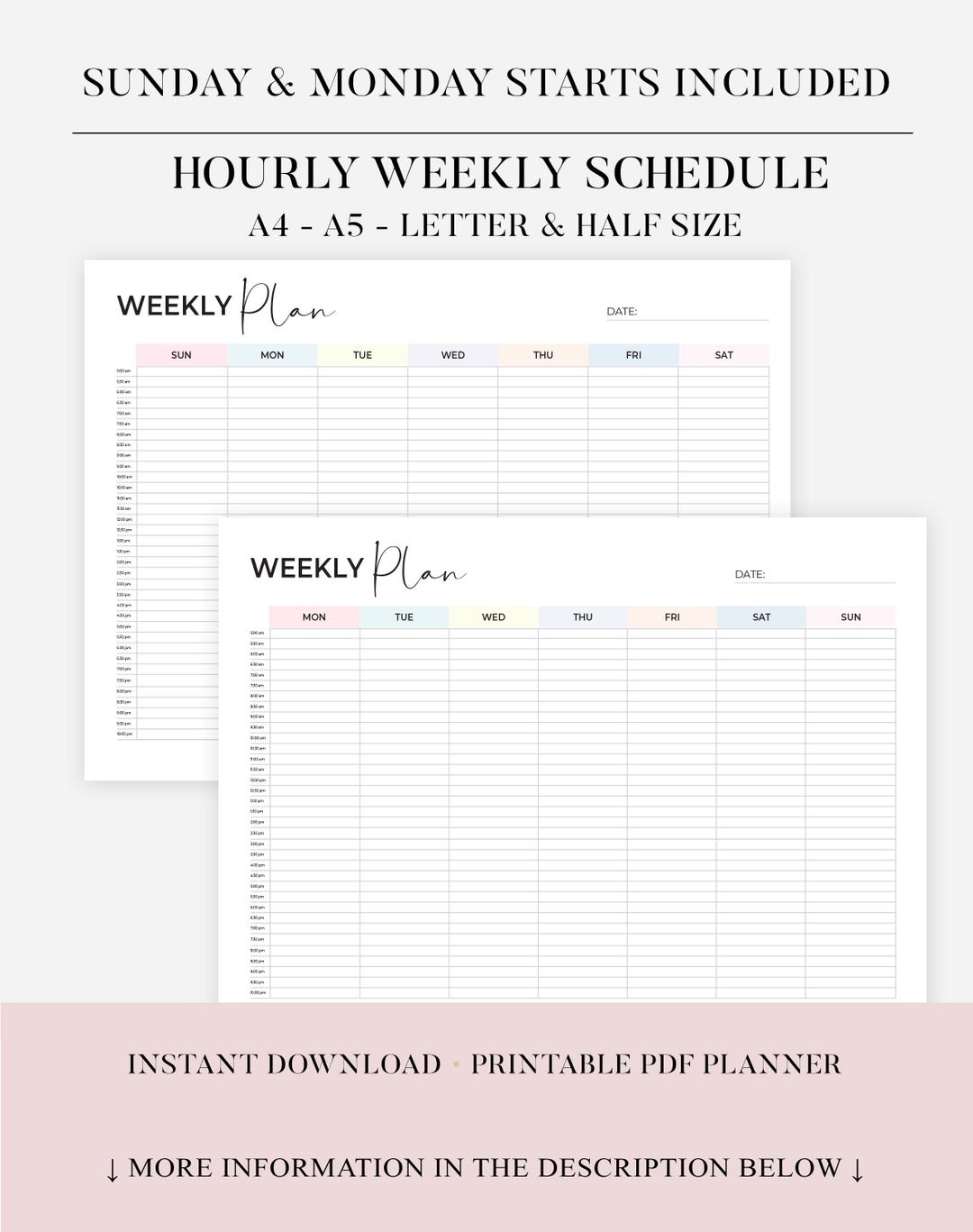 Hourly Weekly Planner EDITABLE Weekly Schedule, Week at a Glance, Daily ...