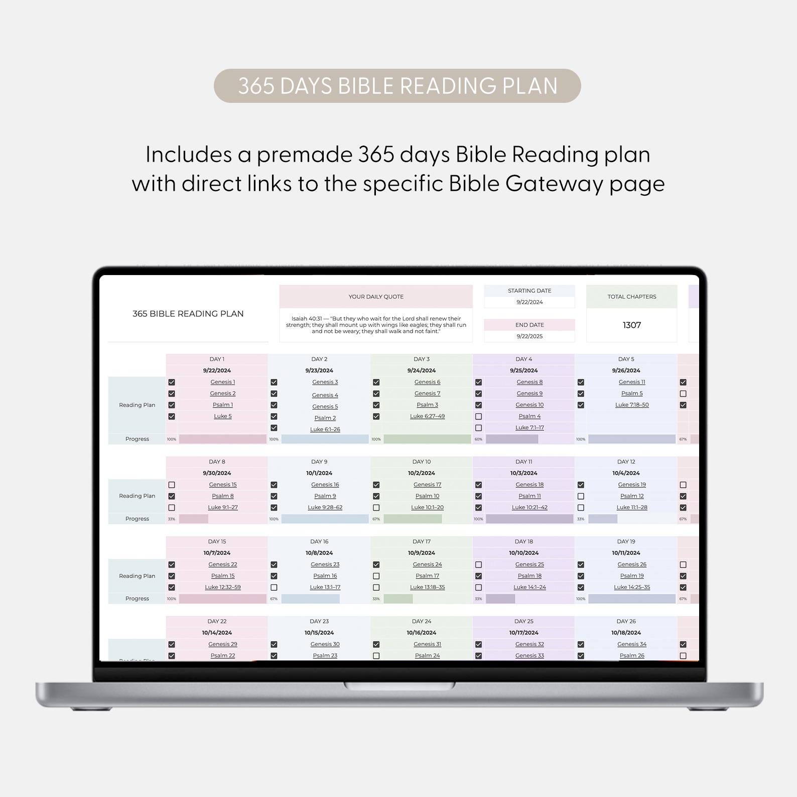 365 Day Bible Reading Plan, Bible Study Checklist, Bible in A Year, Bible in One Year, 52 Week ...