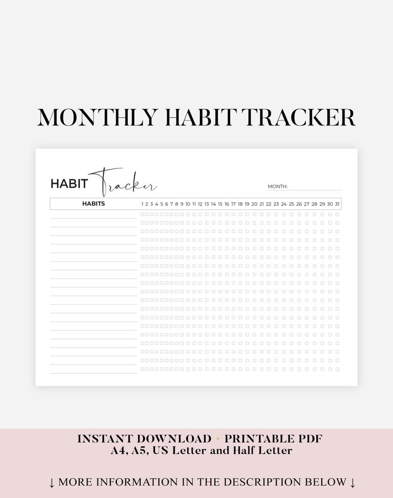 Monthly Habit Tracker Printable Landscape, Habit Tracker Template ...