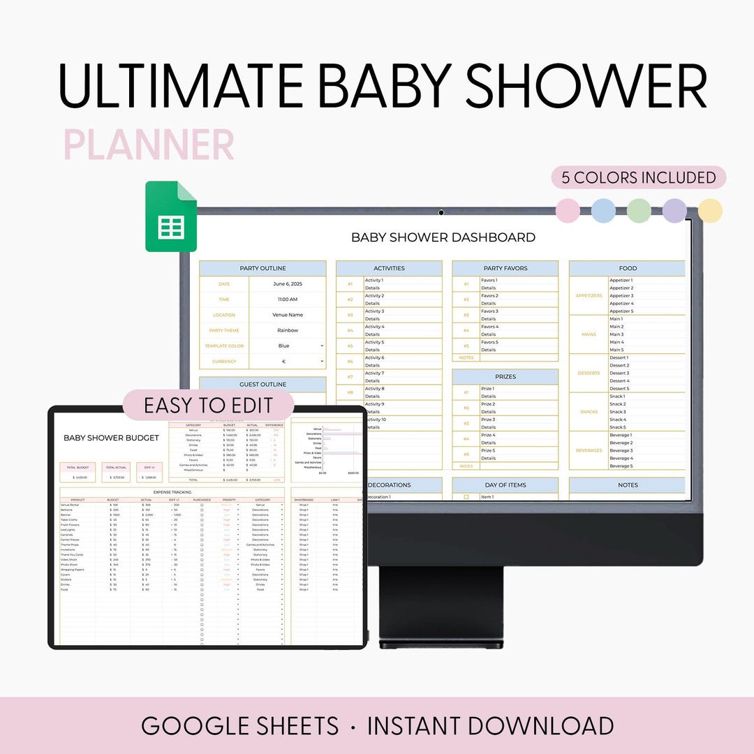 Baby Shower Digital Planner Spreadsheet for Google Sheets, Baby Shower ...