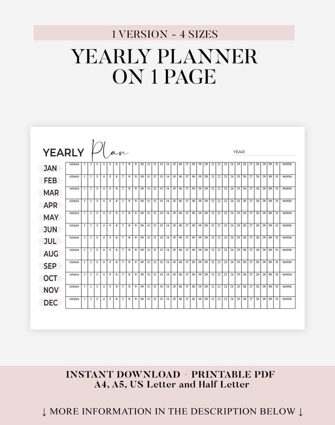Yearly Planner on 1 Page Landscape, Yearly Overview, Year at a Glance ...