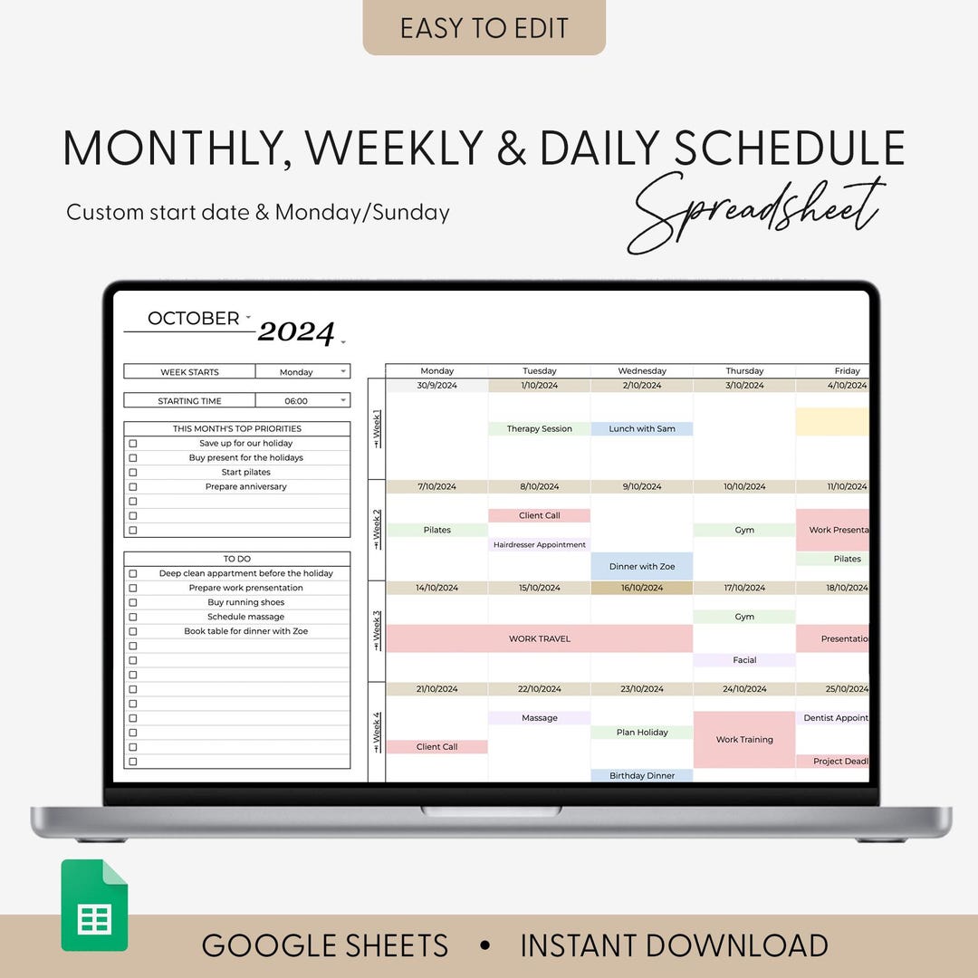 Digital Planner Spreadsheet for Google Sheets, to Do List, Monthly ...