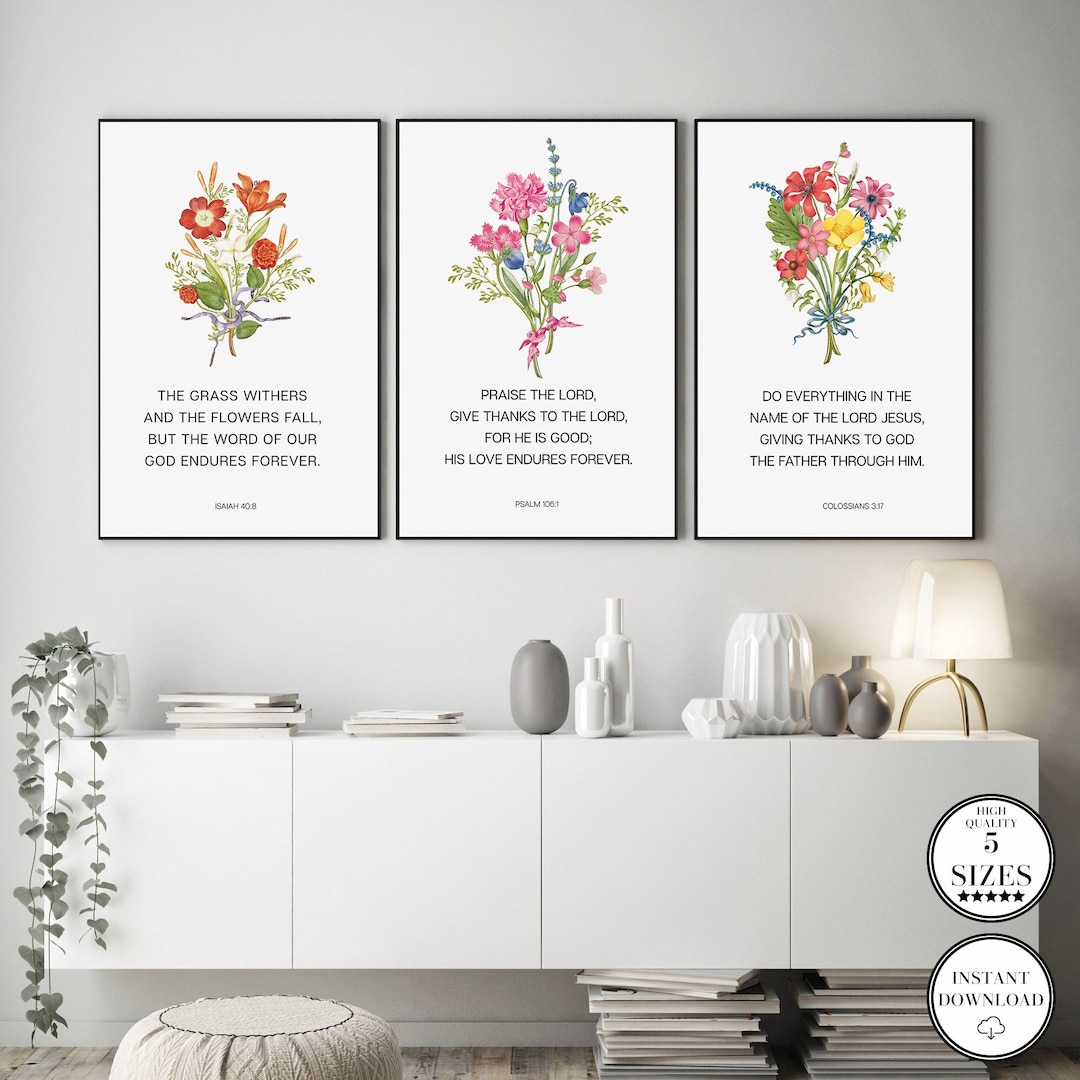 Christian Floral Set of 3, Bible Verse Wall Poster Set, Botanical ...