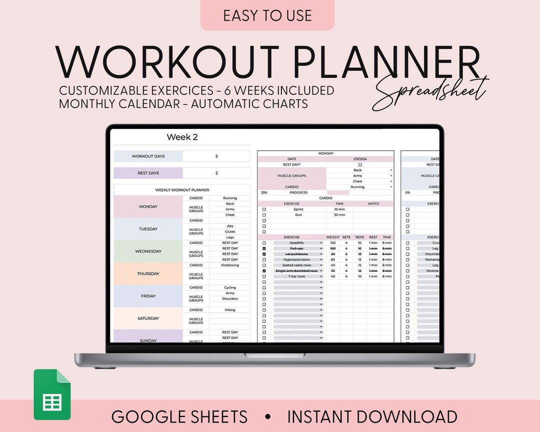Workout Planner Google Sheets Exercise Tracker Spreadsheet Fitness ...