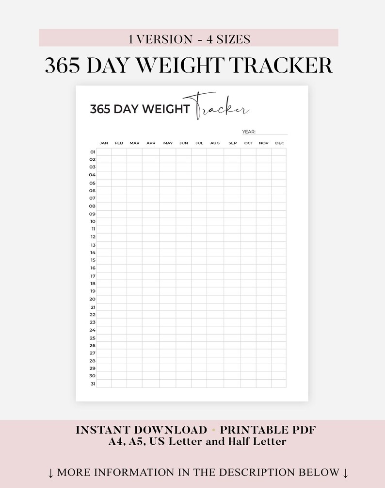 365 Day Weight Tracker Printable, Fitness, Daily Weight Journal, Weight ...