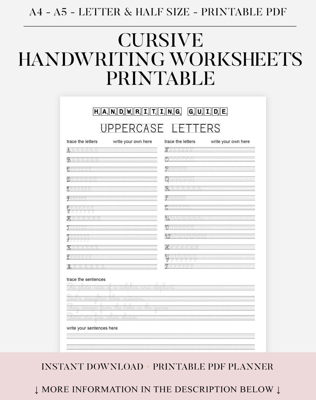 Printable Cursive Worksheets, Calligraphy 41 Pages Letters, Words, and ...