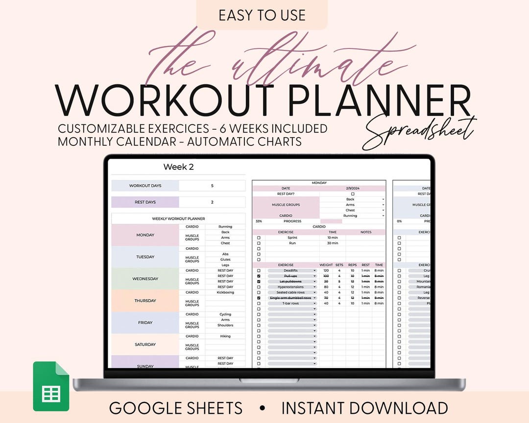 Ultimate Workout Planner Google Sheets Exercise Tracker Spreadsheet ...