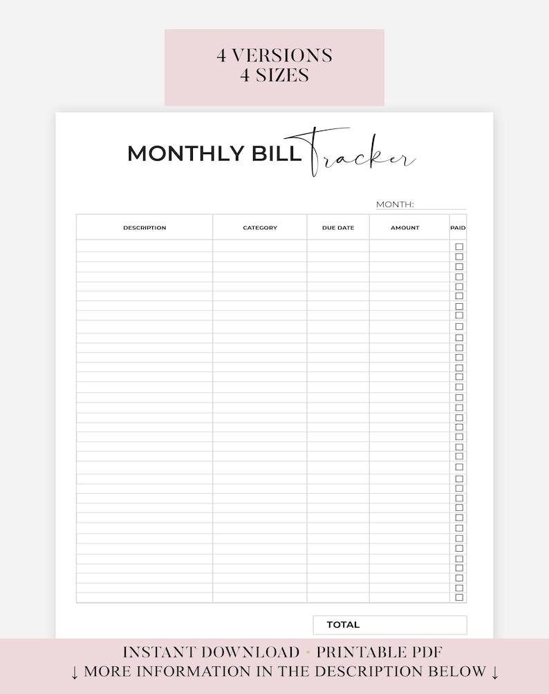 Monthly Bill Tracker Printable, Bill Payment Checklist, Bill Organizer PDF, Finance Planner A4 ...