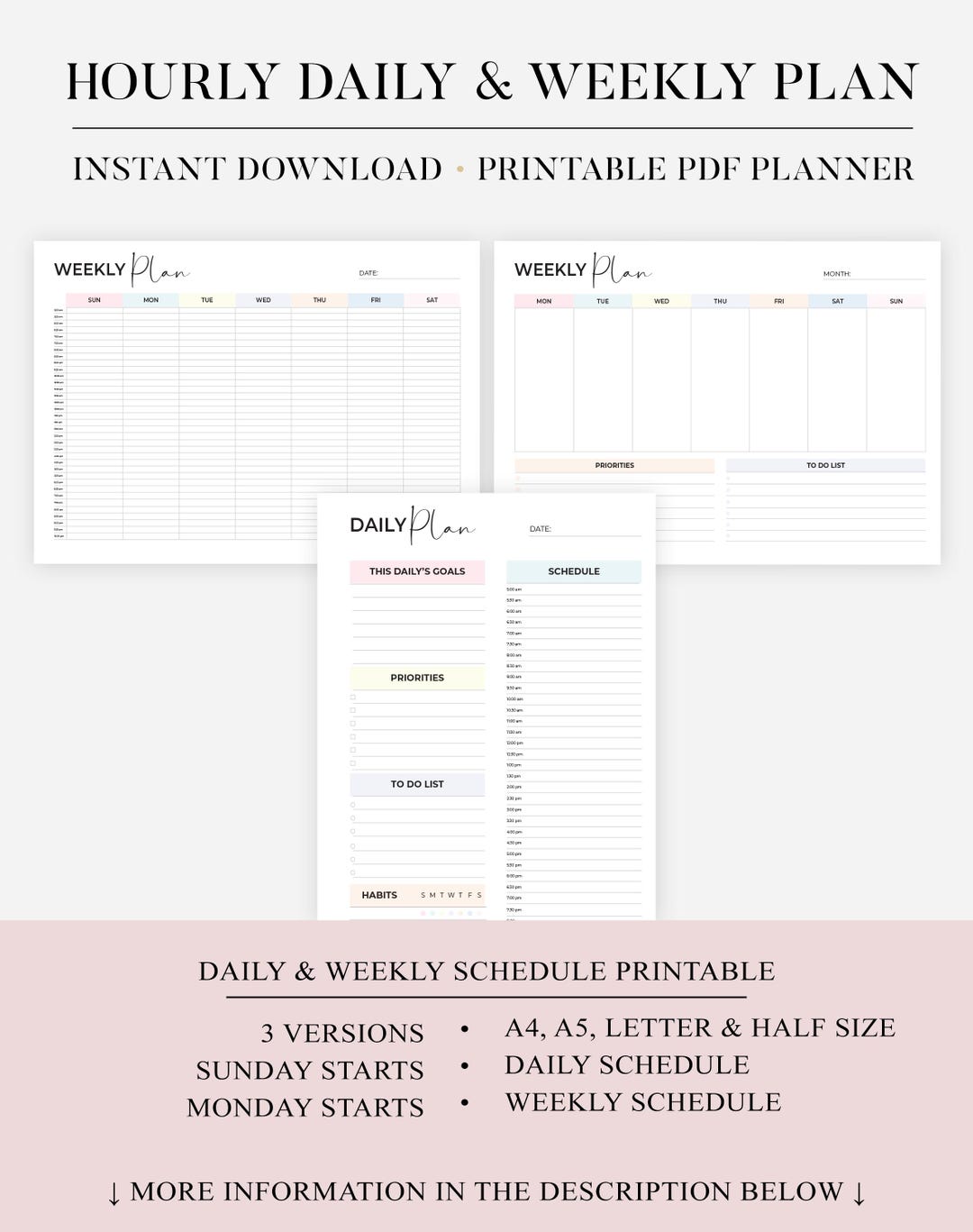 Hourly Weekly Planner Landscape, Printable Weekly Schedule, Week at a ...