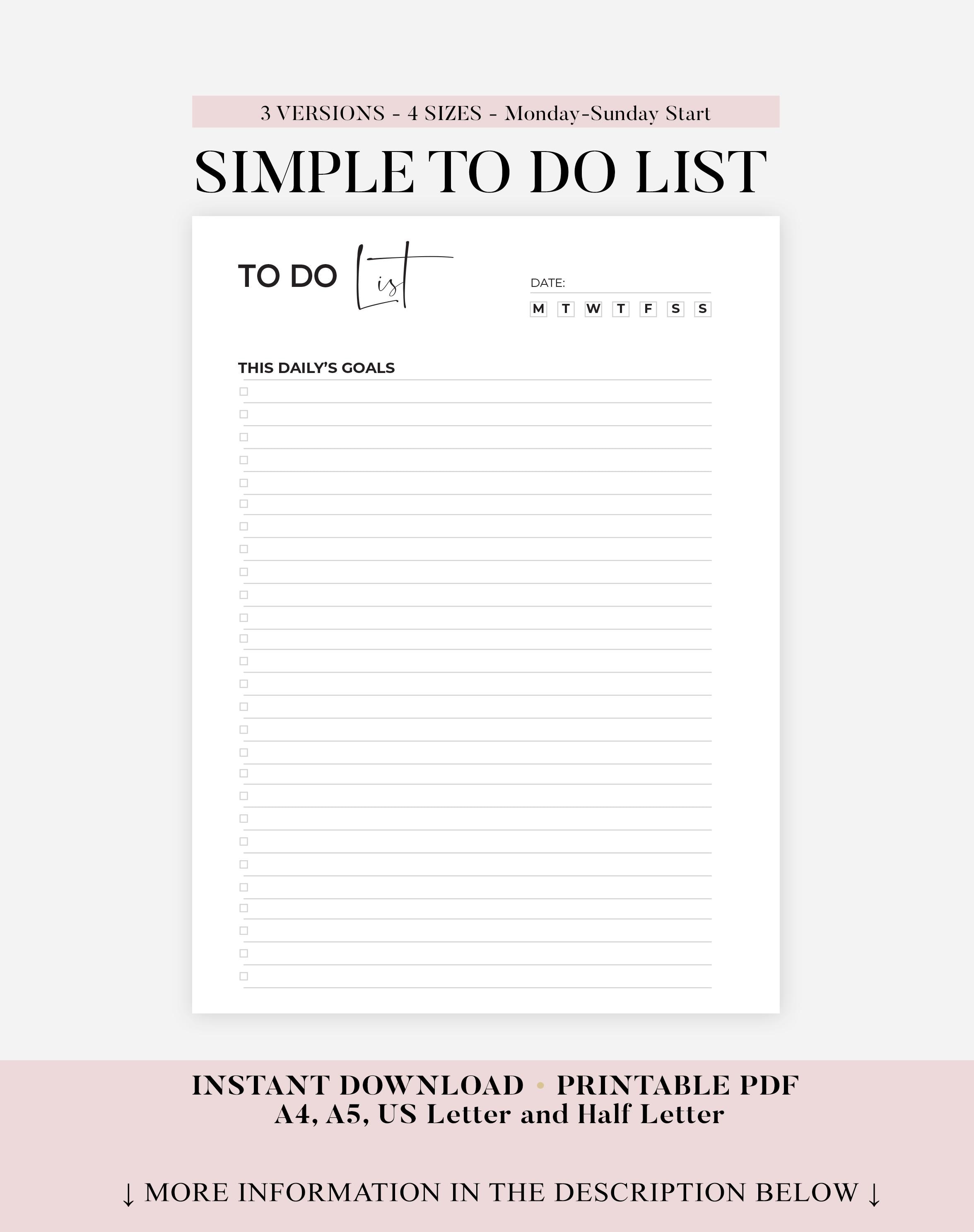 Minimal to Do List Printable, Simple Tasks List Template, A4/a5/letter ...