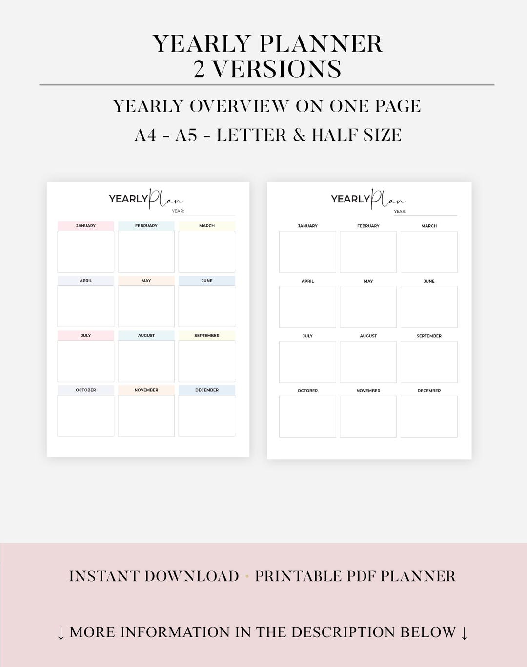 Editable Yearly Planner Printable, Annual Plan, Yearly Overview on One ...