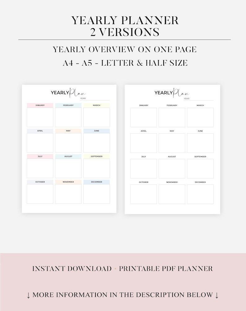 Editable Yearly Planner Printable, Annual Plan, Yearly Overview on One ...