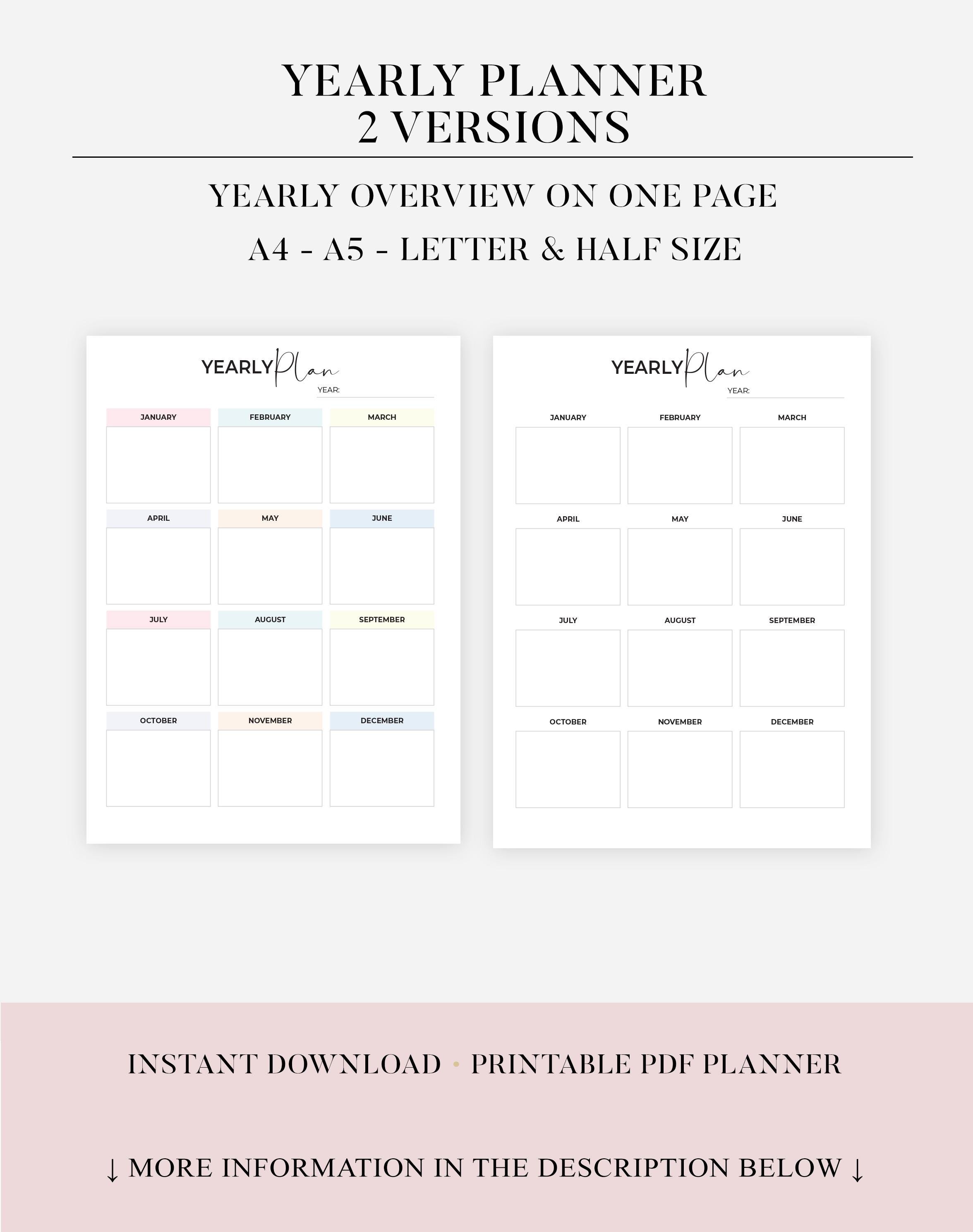Editable Yearly Planner Printable, Annual Plan, Yearly Overview on One ...