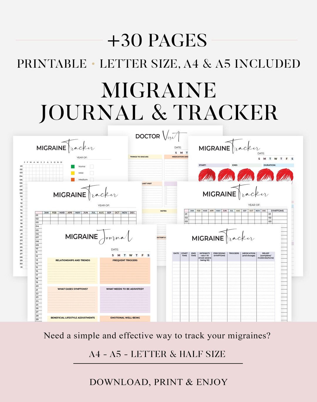 Migraine Tracker Printable Migraine Journal Pain Tracker Headache Log ...