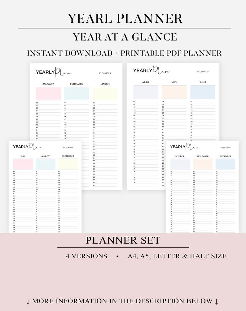 Editable Yearly Planner, Year at a Glance, Two Page Yearly Planner ...