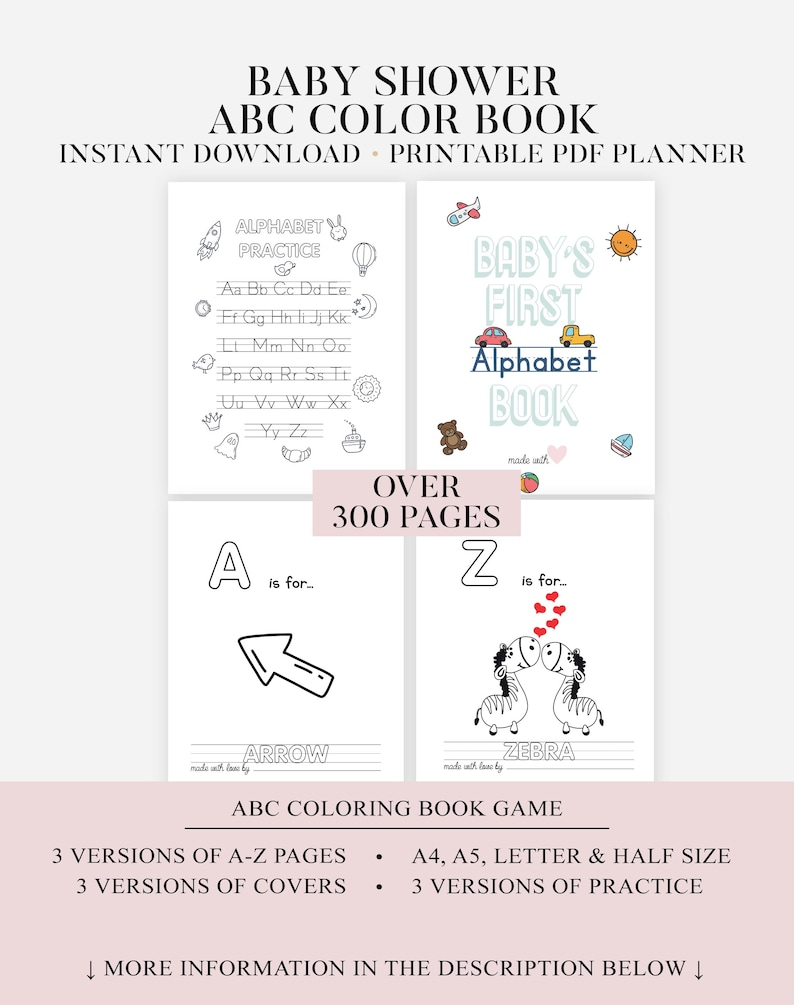 Blank Alphabet Book, Baby Shower Guest Game, ABC Baby Shower Coloring ...